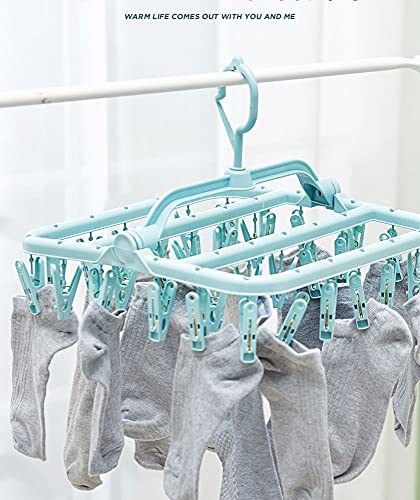 Radefasun Clip and Drip Hanger with 32 Clips Plastic Swivel Hook Portable Folding Drying Rack Baby Clothes Hanger Foldable Travel Accessories for Socks Bras Lingerie Towels Underwear Gloves (Blue, 32)