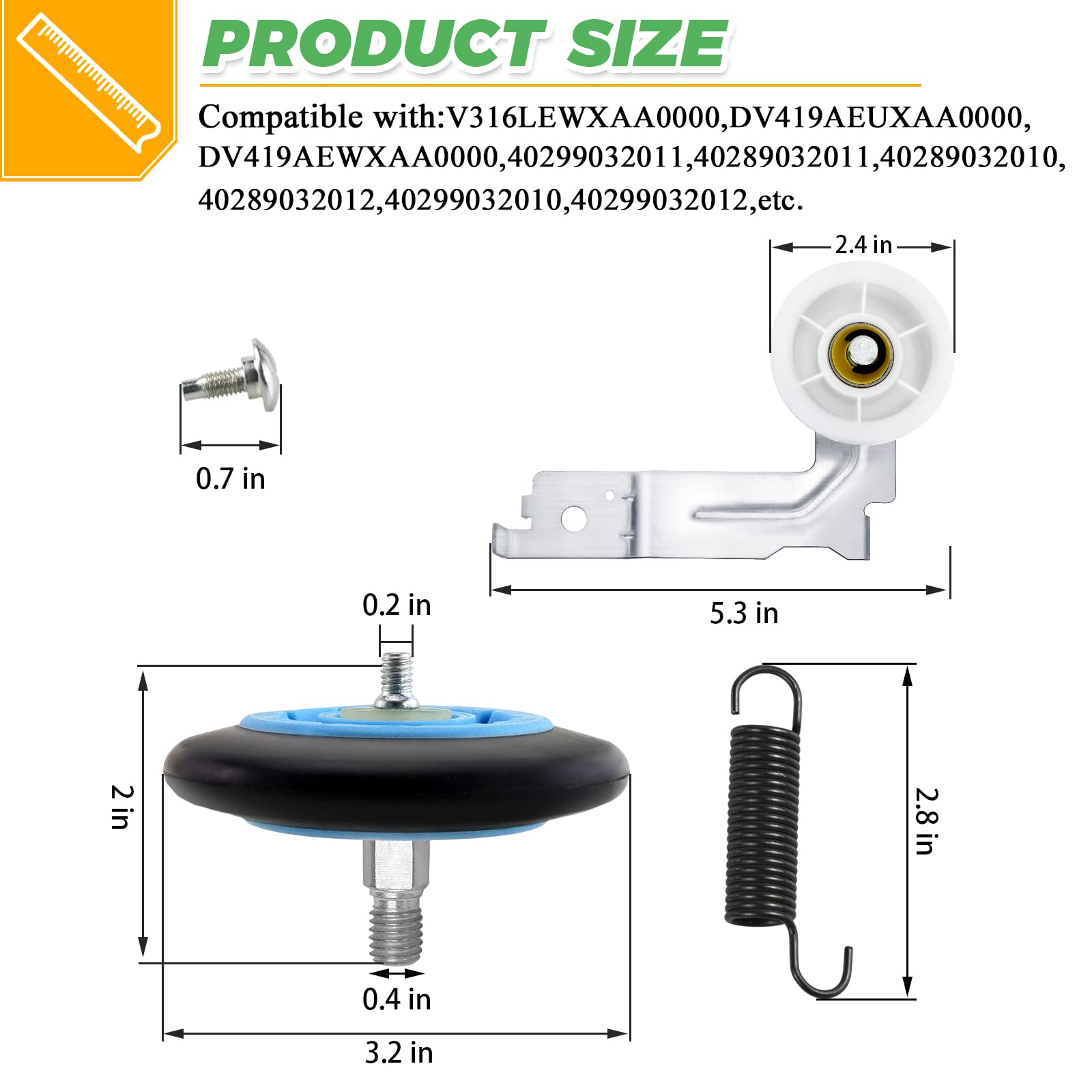 Dryer Repair Kit Fit for Samsung DV42H5000EW/A3 DV45H7000EW/A2 DV48H7400EW/A2 DV42H5200EP/A3 DV40J3000EW/A2, Includes DC97-16782A Samsung Dryer Roller, 6602-001655 Dryer Belt, DC93-00634A Idler Pulley