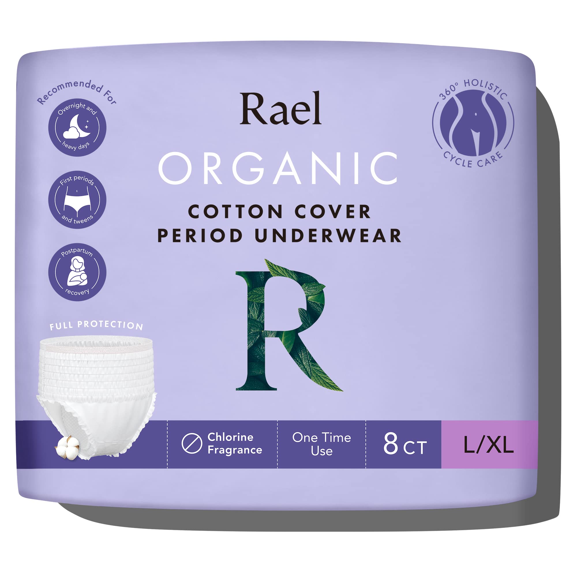 Rael Disposable Underwear for Women, Organic Cotton Cover - Incontinence Pads, Postpartum Essentials, Disposable Underwear, Unscented, Maximum Coverage (Size L-XL, 8 Count)
