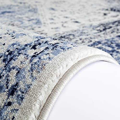 Persian-Rugs Distressed Ivory 5x7 Area Rug, Blue French Country Rug for Living Room and Kitchen