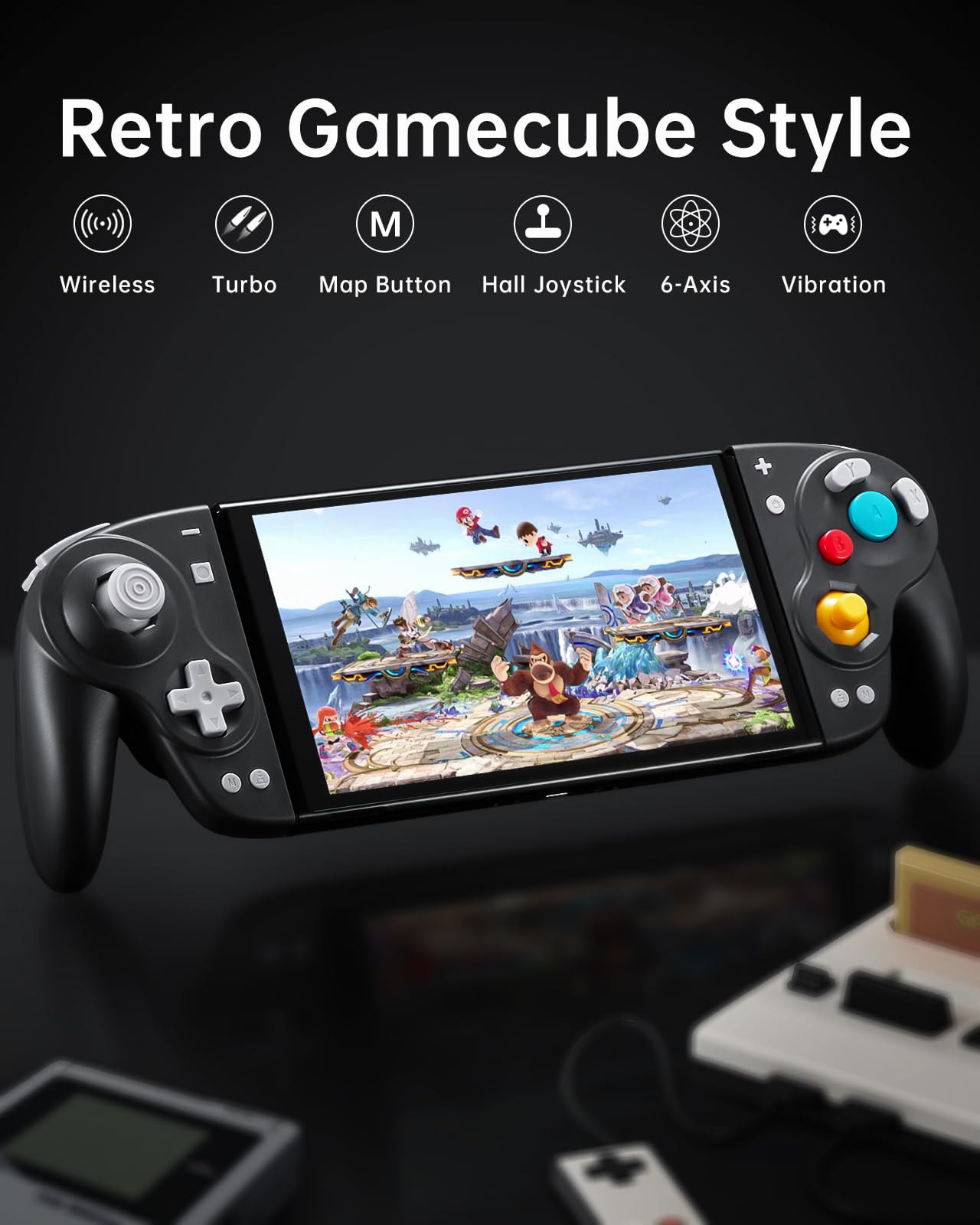 DOYOKY Hall Effect Joypad Retro Gamecube Style Wireless Controller for Switch/Switch OLED, Switch Controllers with Hall Effect Joystick/Replaceable Thumbsticks/Map Button/Turbo/6-Axis/Vibration(Black)