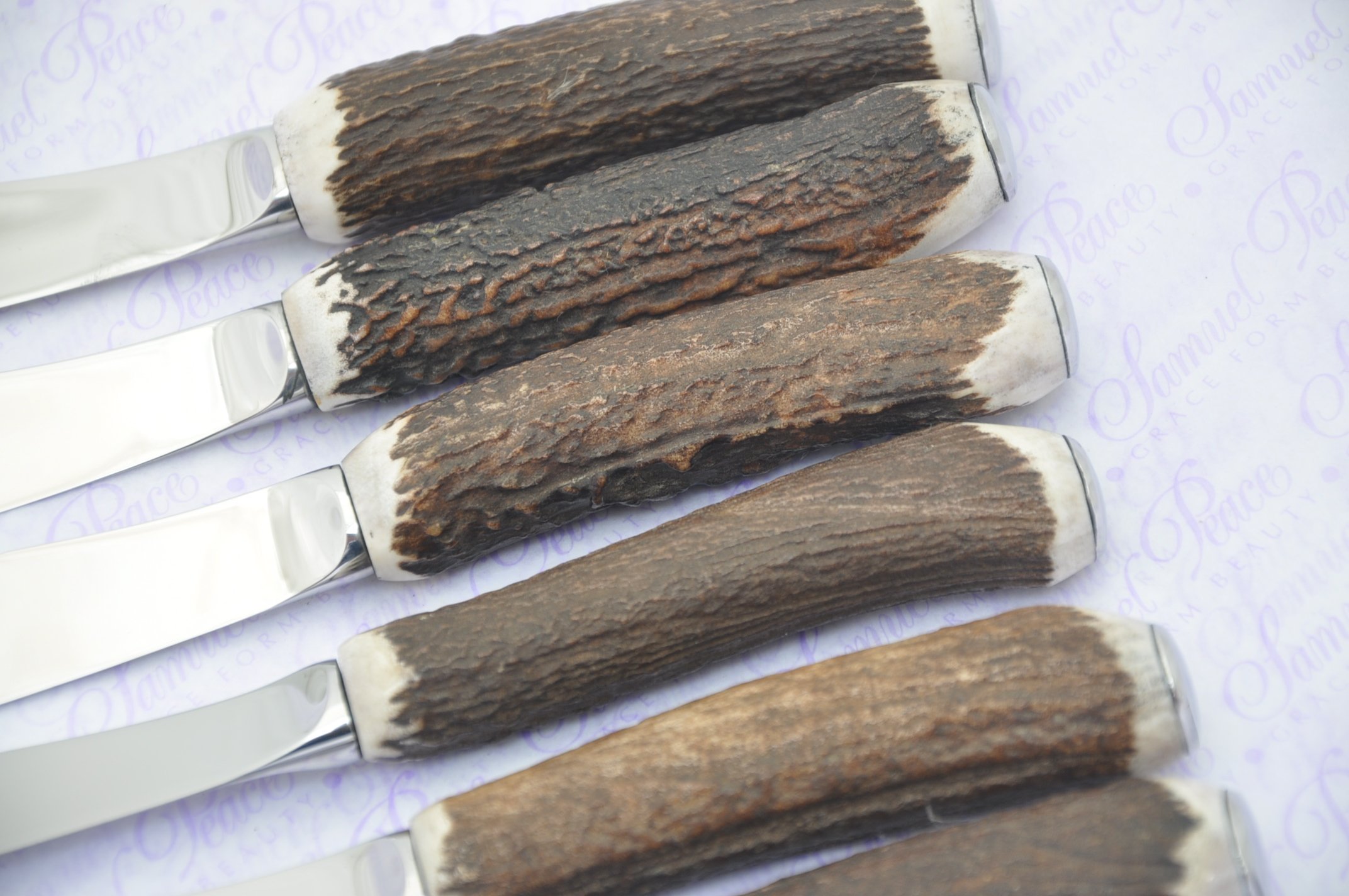 Six Cased Genuine Stag Horn/Antler Handle Steak Knives Made in Sheffield England Free Engraving
