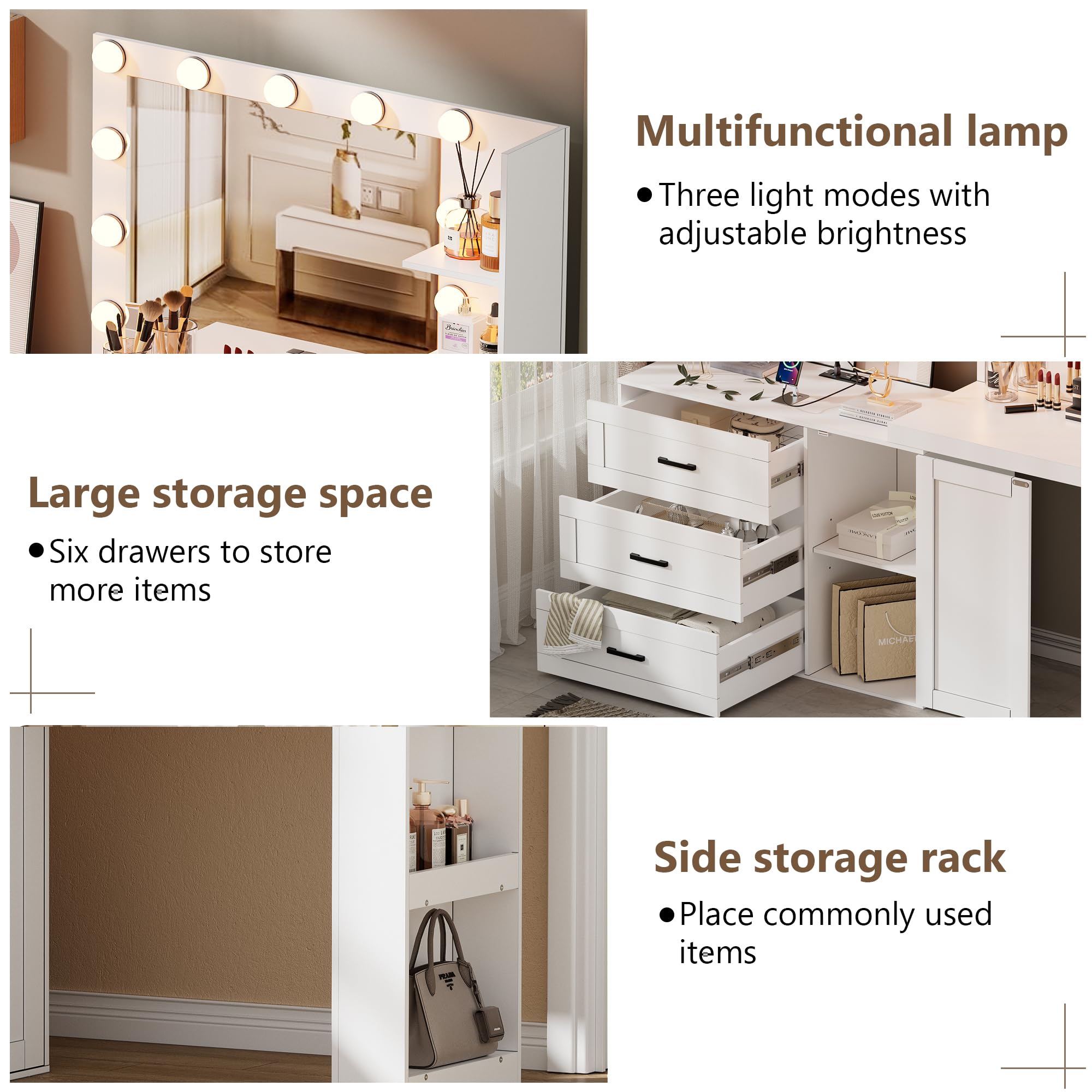 PAKASEPT Vanity Desk with Mirror and Lights, Makeup Vanities with Charging Station, White Vanity with 3 Color Lighting, Drawers, Hidden and Open Shelves, Girls Dressing Table for Bedroom