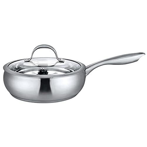 J&V TEXTILES Stainless Cookware, 9.5-Inch Fry Pan with Lid, Tri-Ply Stainless Steel, Professional Grade, Silver,*