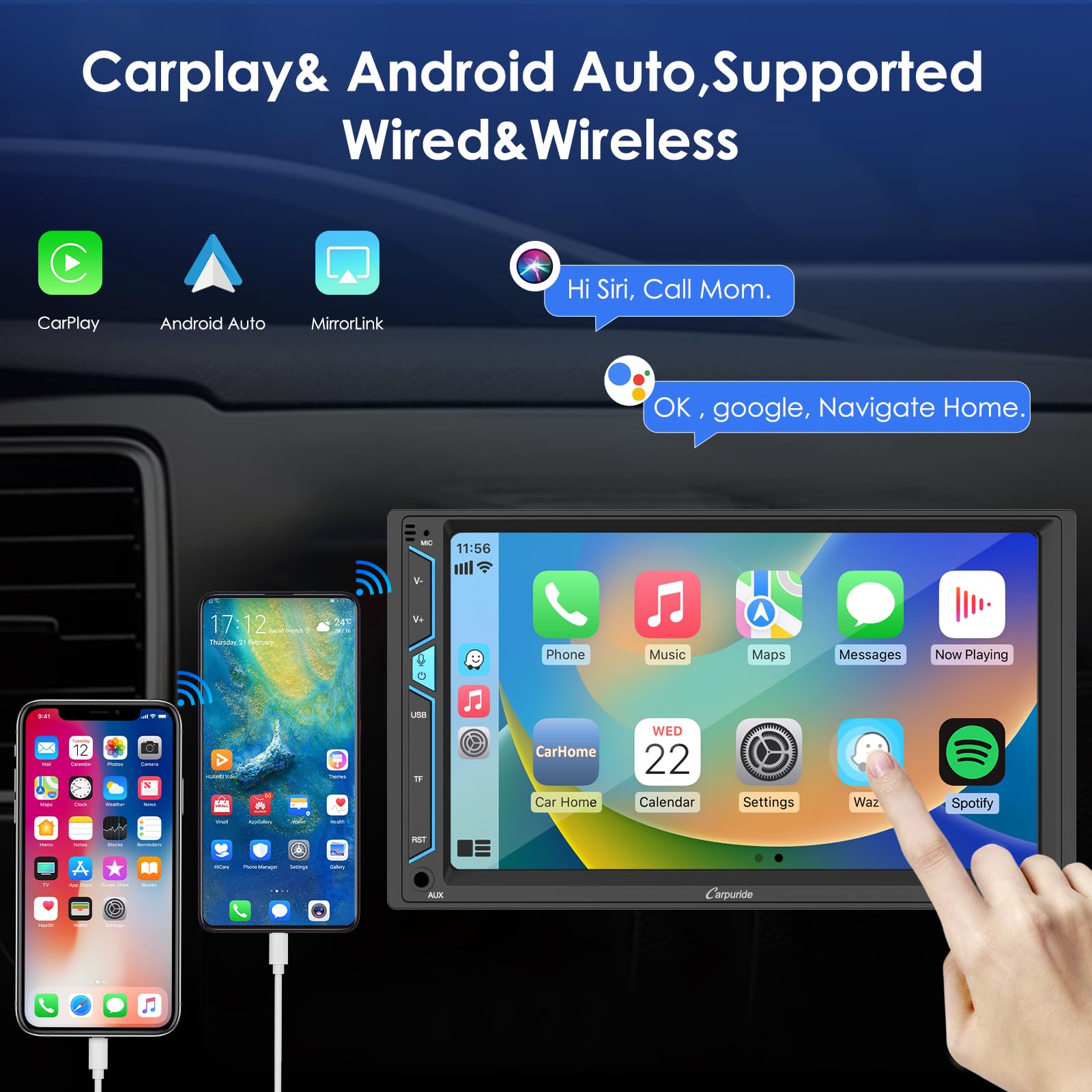 Double Din Car Stereo-Carpuride 7 Inch Touchscreen Car Radio with Backup Camera,Bluetooth,Wireless Carplay/Android Auto,Voice Control,FM Radio, Mirror Link, Steering Wheel Control(SWC)/USB/TF/AUX