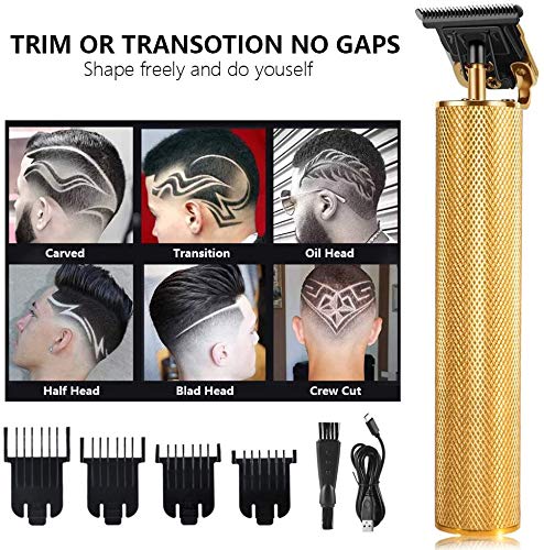 Electric Pro Hair Clippers T-Blade Beard Trimmer USB Rechargeable Cordless Outliner Hair Trimmers for Men Professional Grooming Kit With 4 Limit Comb Gold(0/1.5/3/6/9 mm)