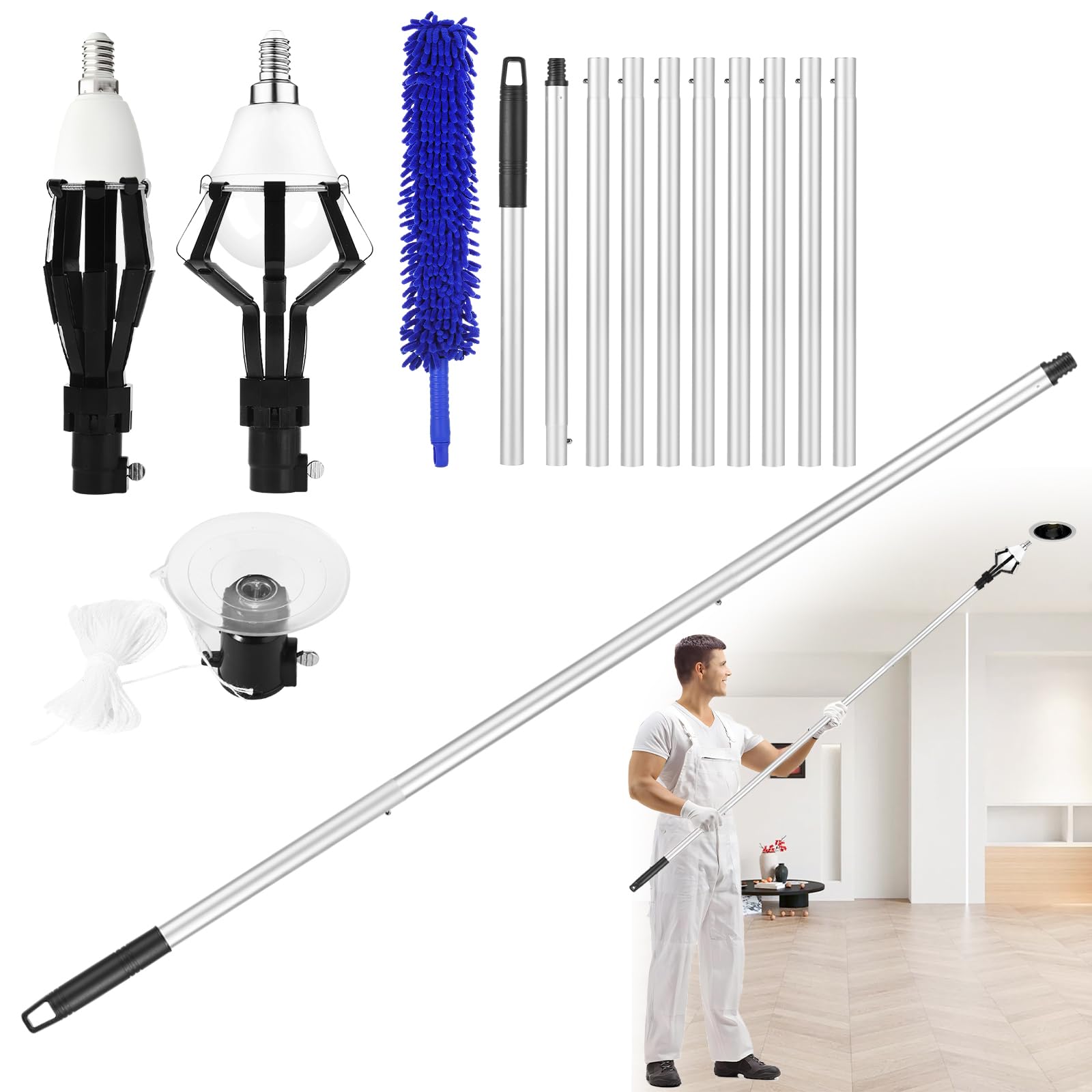 light bulb changer, light bulb pole changer for high ceilings, 12FT-light bulb extension pole changer, light bulb changer with Pole with Baskets and Suction Cup for High Ceilings and Recessed Lights