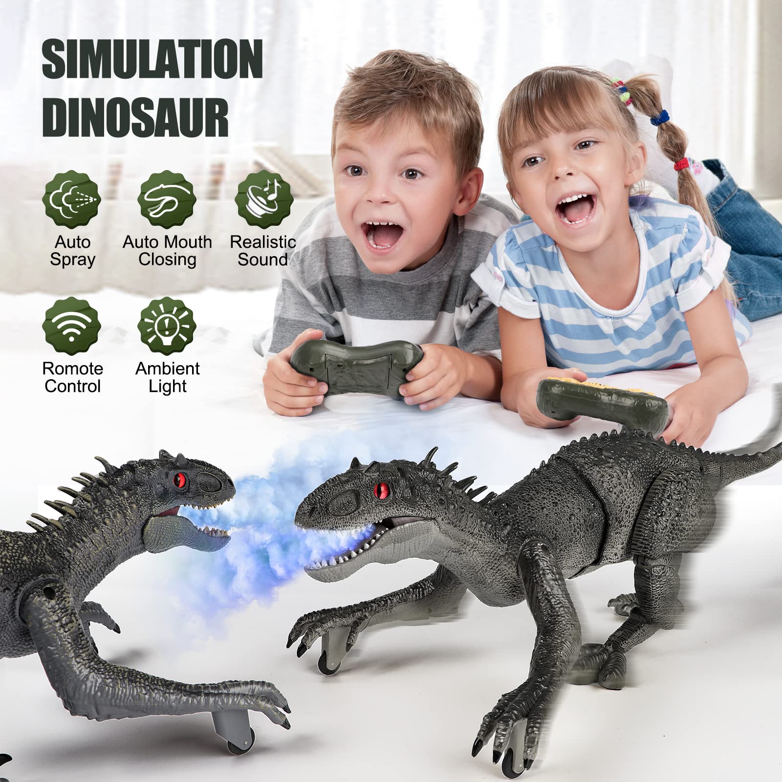 Hot Bee Big Dinosaur Toy for Kids, 18.6in Big Robot Dinosaur Simulation Action Figure with Mist Spray, Chomping Mouth, LED Light and Roaring Sounds