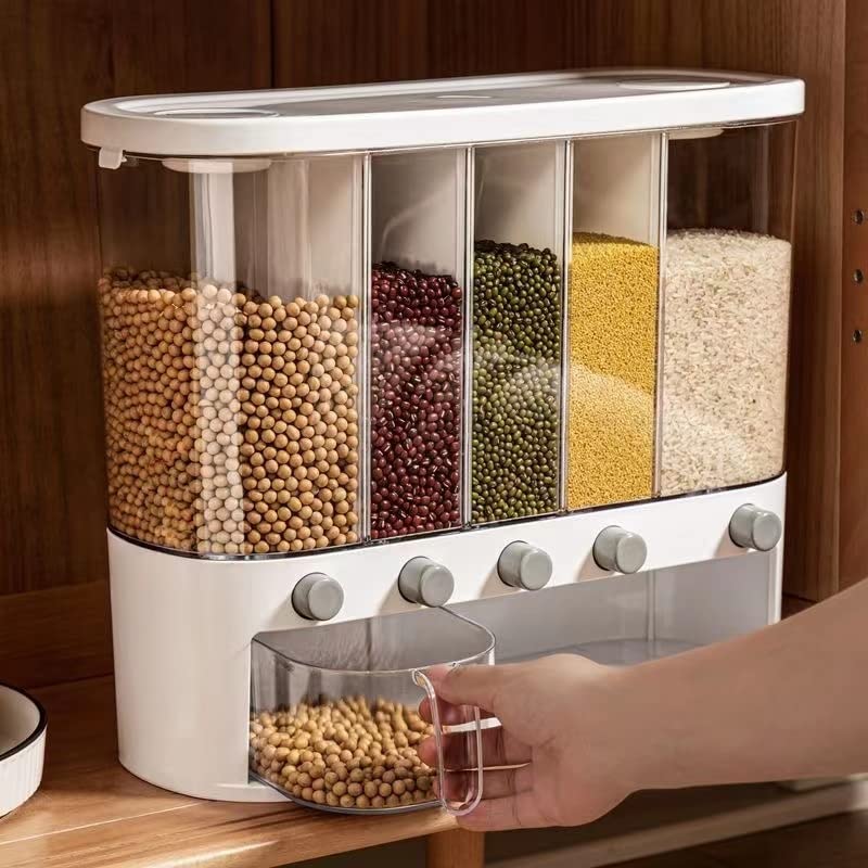 Frelacy Rice dispenser with a capacity of 25 pounds,Wall mounted 5 Grid Dry Food Dispenser work with solid seeds and grains.for rice, mung beans, red beans, lentils