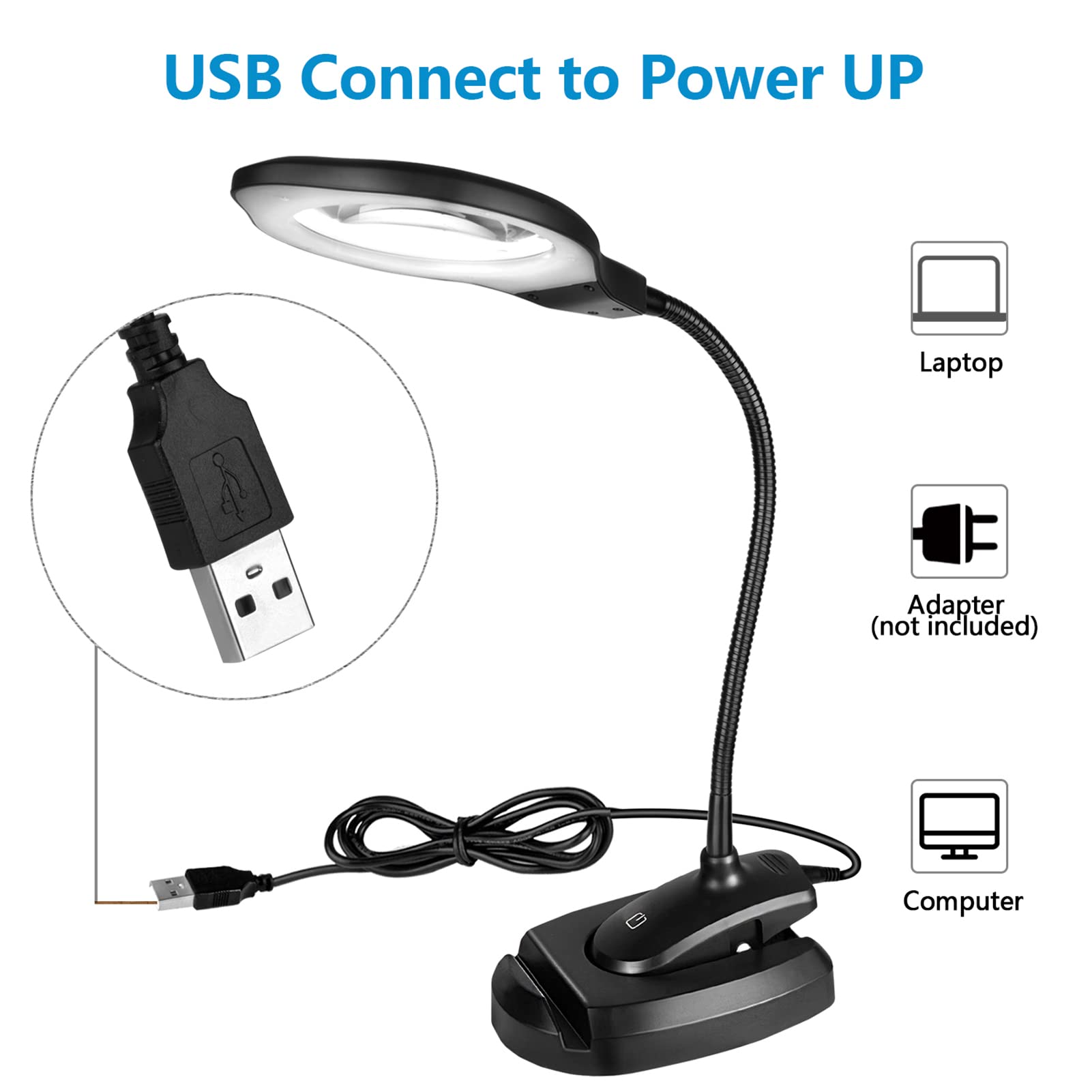 eletecpro Magnifying Glass Lamp, 2X-4X Magnifier LED Light with Clip and Flexible Neck,Magnifying Lamp USB Powered, Perfect for Reading, Hobbies, Task Crafts or Workbench - Black