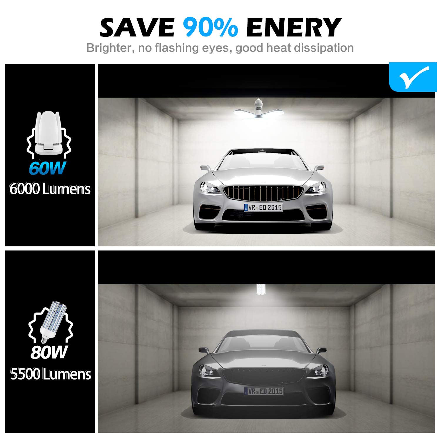 FanNicoo LED Garage Lights 500W Equivalent Deformable Ceiling Bulb 45W 4500LM 6500K Cool Daylight White,E26/E27 Medium Base Led Shop Light for Garage Basement Shop Workshop Warehouses Barn