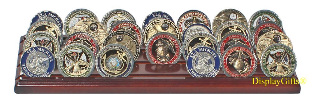DisplayGifts Challenge Coin Display Stand 4 Row Wooden Holder Rack Case Holds 28 Coins Walnut Finish