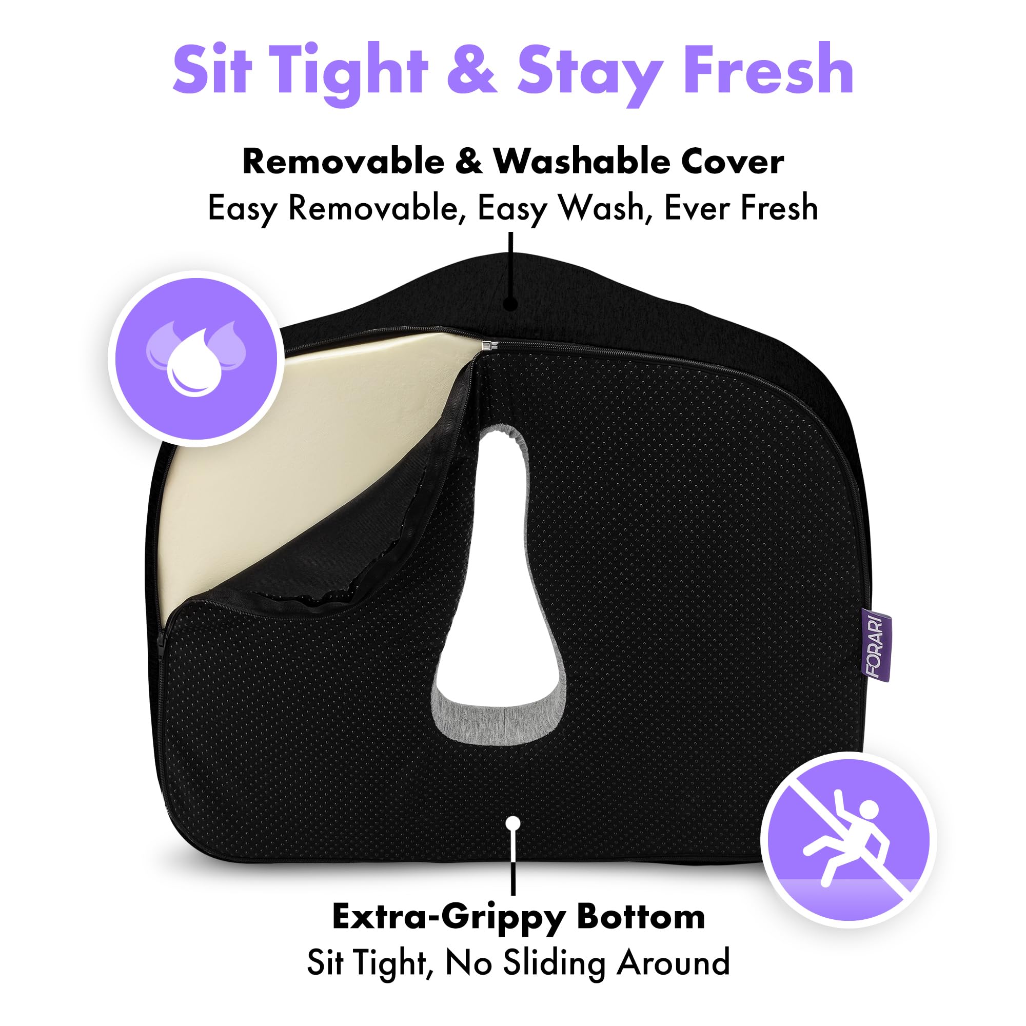 FORARIĀ® Patented Seat Cushion for Desk Chair - Firm & Thick, Best for Back & Hip Pain Relief, Comfort for Long Sitting, with Never-Flat Gel Insert - Coccyx, Sciatica, Tailbone (Black)