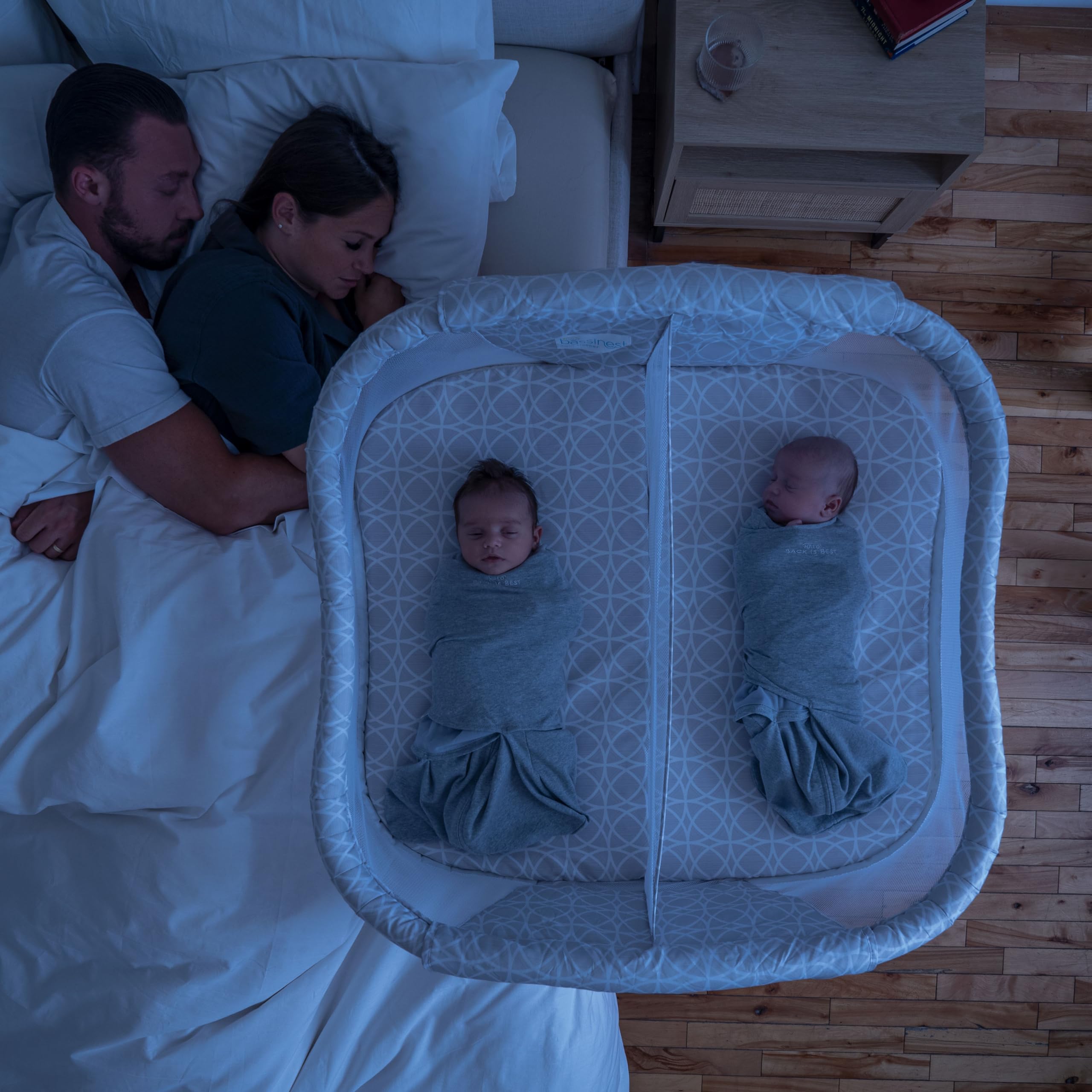 HALO BassiNest Twin Sleeper, Bedside Double Bassinet, Adjustable, Soothing Center with, Vibration, Soothing Sounds and Lullabies β Premiere Series, Sand Circle