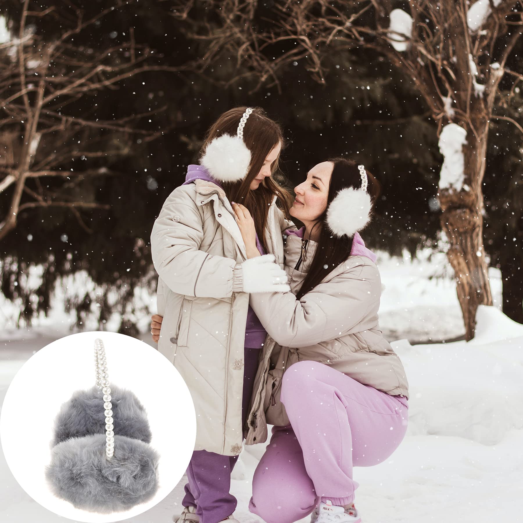 EOPER 2 Pieces Pearl Winter Earmuffs, Soft Plush Ear Warmers, Cold Weather Warm Hair Accessories (White+Pink)