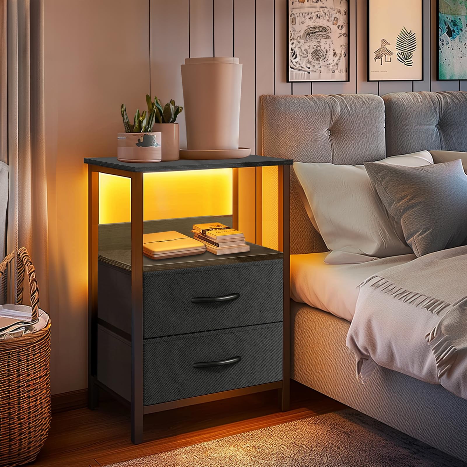 Night Stand Set of 2, Bedside Tables with Fabric Drawers, Side Table with Charging Station, LED Nightstand with USB Ports and Outlets, Small End Table for Bedroom, Rustic Brown