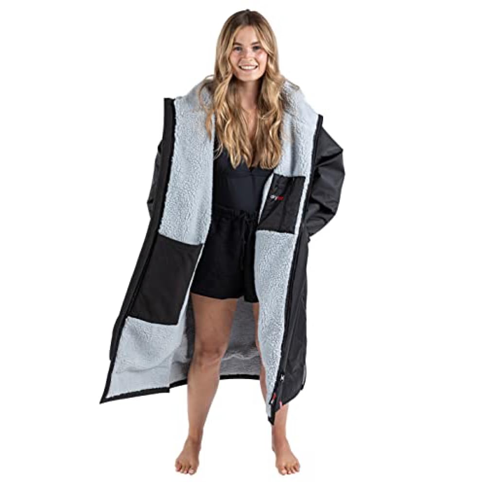 Dryrobe Advance LONG SLEEVE Swim Parka Change Robe - Stay Warm and Dry - Waterproof Oversized - Swimming/Surfing/OCR Events (Large - Black/Gray)