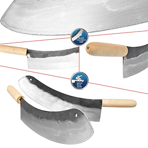 Healinnova Carbon Steel Handmade Forged Gourmet Professional Chef Chopping Curved Mincing Knife Kebab Big Blade Kitchen Cleaver - Pizza Cutting Show (15.7 in / 40 cm)