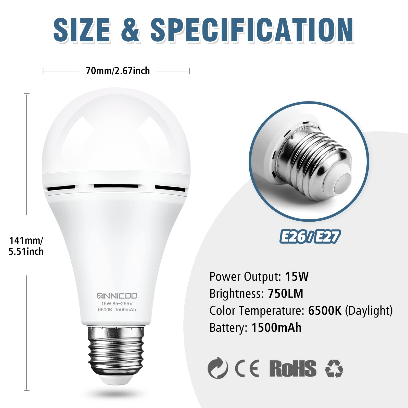 FanNicoo Rechargeable Emergency Light Bulbs LED Bulbs 1500mAh Battery Backup for Power Outage 15W 80W Equivalent 6500K Light Bulbs Widely Used in Home Camping Hiking (2 Pack Daylight)