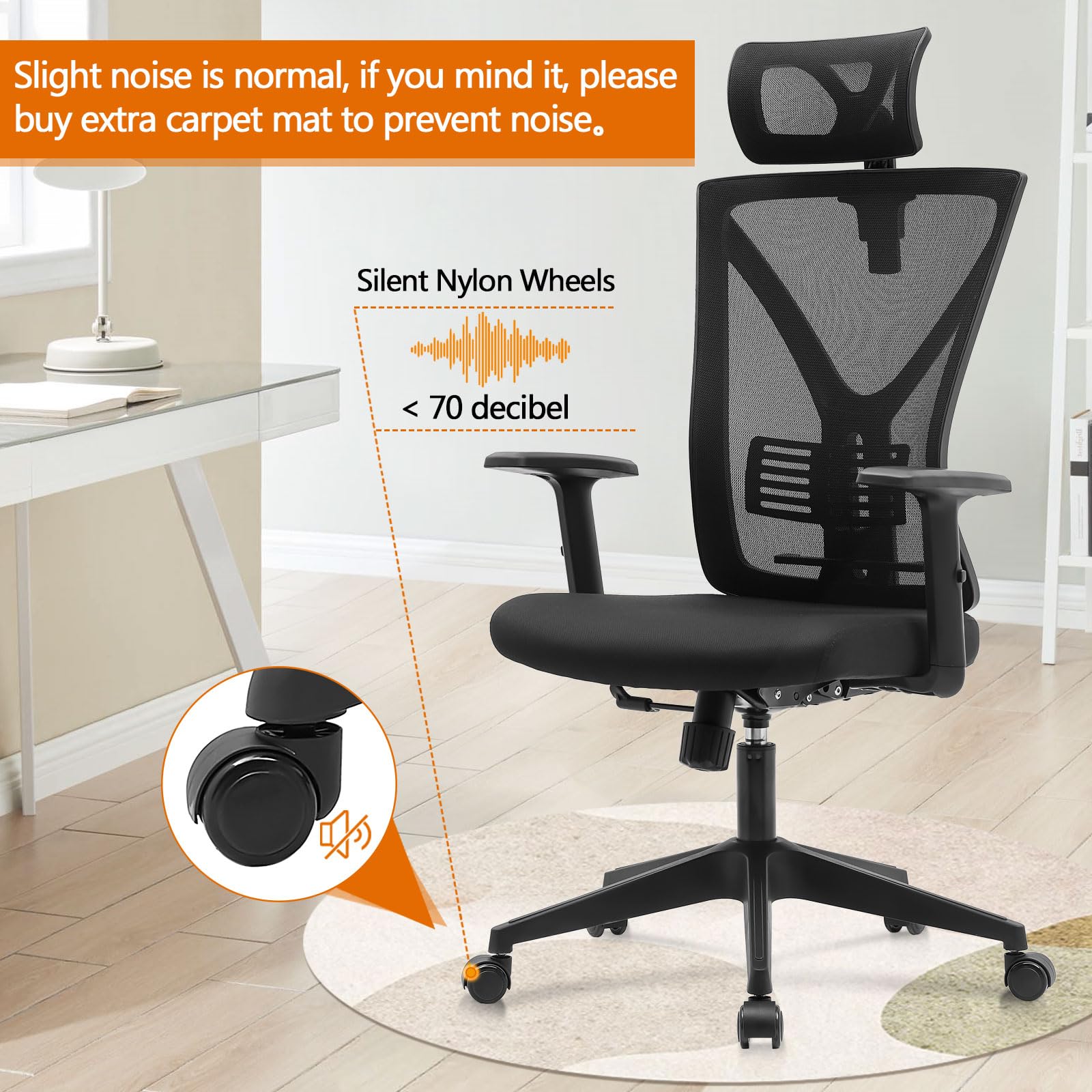 Ergonomic Mesh Office Chair, Home Office Desk Chairs with Adjustable Lumbar Support, 2D Headrest, 135 °Tilt Function, Computer Chair with Thicken Cushion, Swivel Executive Task Chair for Home,350lb