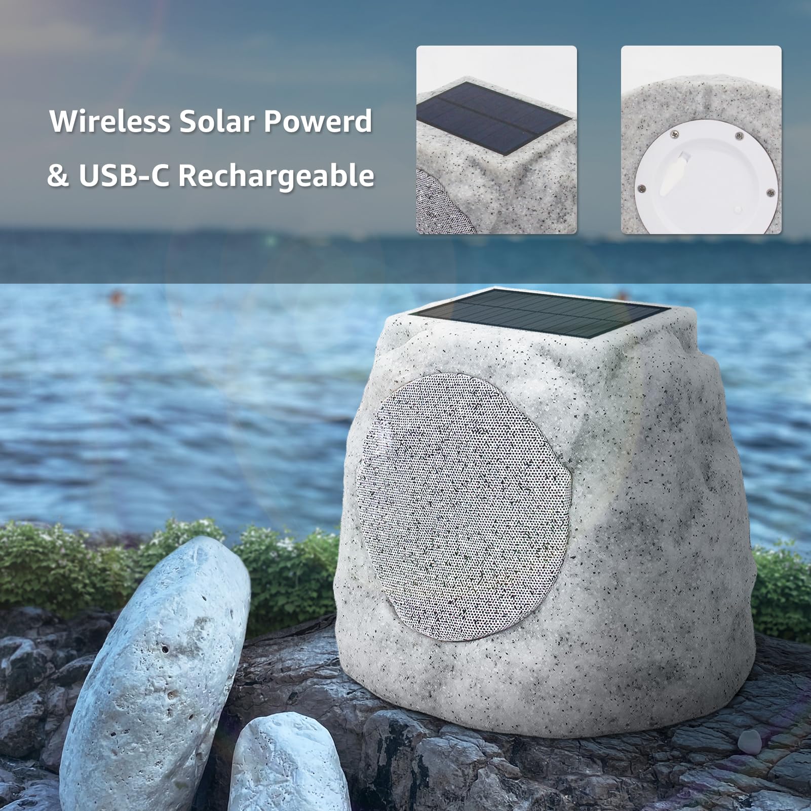 GGNOO Outdoor Speakers Bluetooth Waterproof IP44, Rock Speakers Solar Power and USB Rechargeable Outdoor Bluetooth,Twins Paring System,7 Colour Light Changeable Set for Deck Pool Yard Garden (2 Pack)