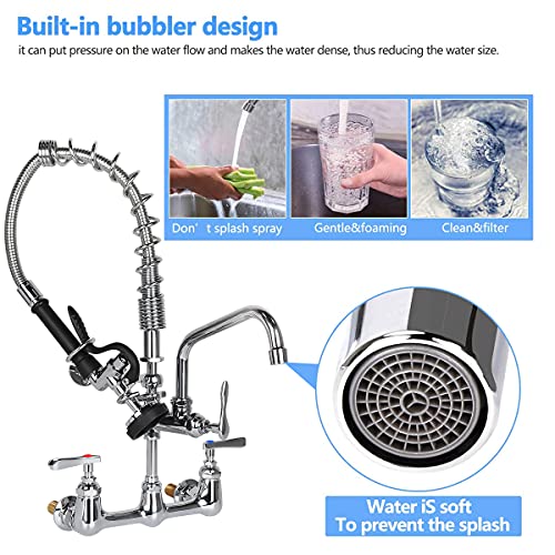 KWODE Wall Mount Commercial Sink Faucet with Pull Down Sprayer 8 Inch Center Pre-Rinse Kitchen Faucet with 21โ Height and 8โ Add-on Swivel Spout, Brass Constructed, Chrome Finish