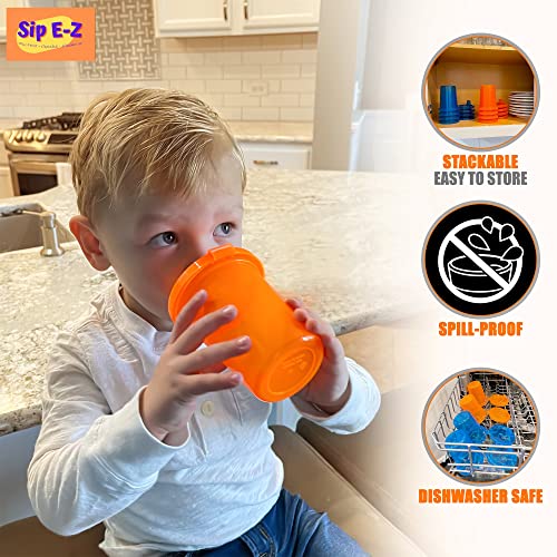 EJA Designs Sippy Cup for 1 Year Old and Toddlers with Attached Lid - Spill Proof, Stackable, Dishwasher Safe - 10 Oz, 4 Count - Never Lose a Lid Again - Baby Sippy Cups (Blue & Orange)