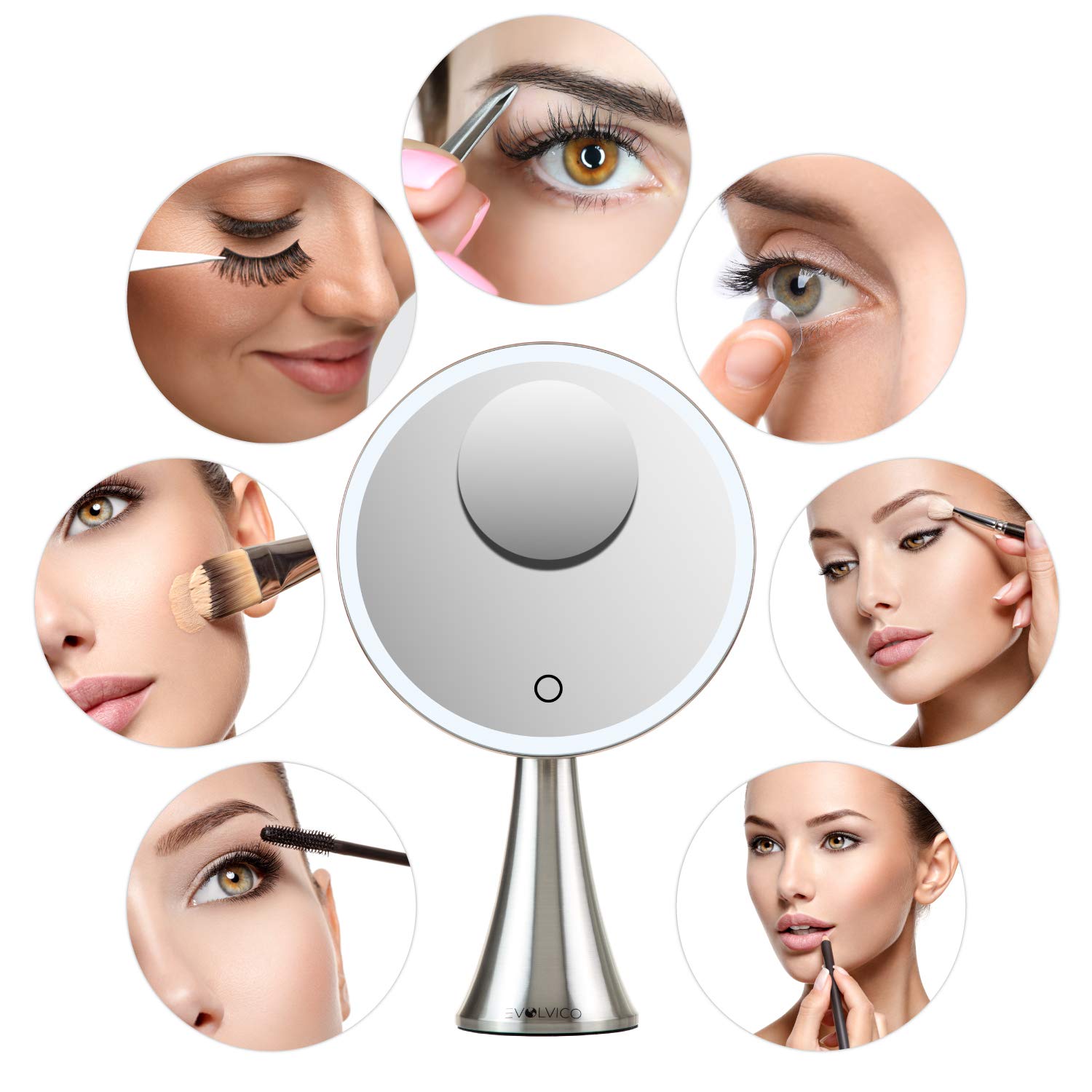 Evolvico 9 inch Lighted Round Makeup Vanity Mirror, 5X/10X Dual Magnification with Ultra Bright LED Lights System, Rechargeable, Cordless, Touch Control Adjustable Brightness, Brushed Stainless Steel