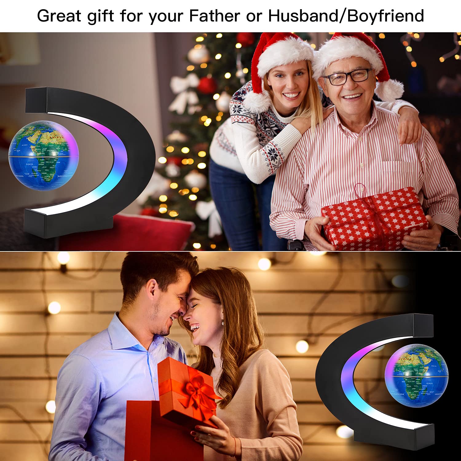Gresus Auto-Rotate Magnetic Levitation Floating World Map Globe with C Shape Base, Floating Globe with LED Lights, Great Fathers Students Business Boyfriend Birthday Gift for Desk Decoration (Blue)