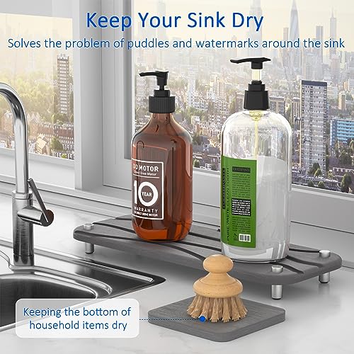 eipizx Sink Caddy Instant Dry Kitchen Sink Organizer With 2Pcs Diatomite Coasters Water Absorbing Stone Sink Tray For Soap Dispenser Quick drying Sink Caddy Sponge Holder For Kitchen Sink(Gray)