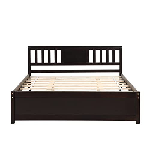 Prohon Queen Size Platform Bed Frame with Horizontal Strip Design Headboard, Strong Wooden Slat Support with Large Underbed Storage Space, Simple Style Bedframe for Kids, Teen, Adults, Espresso