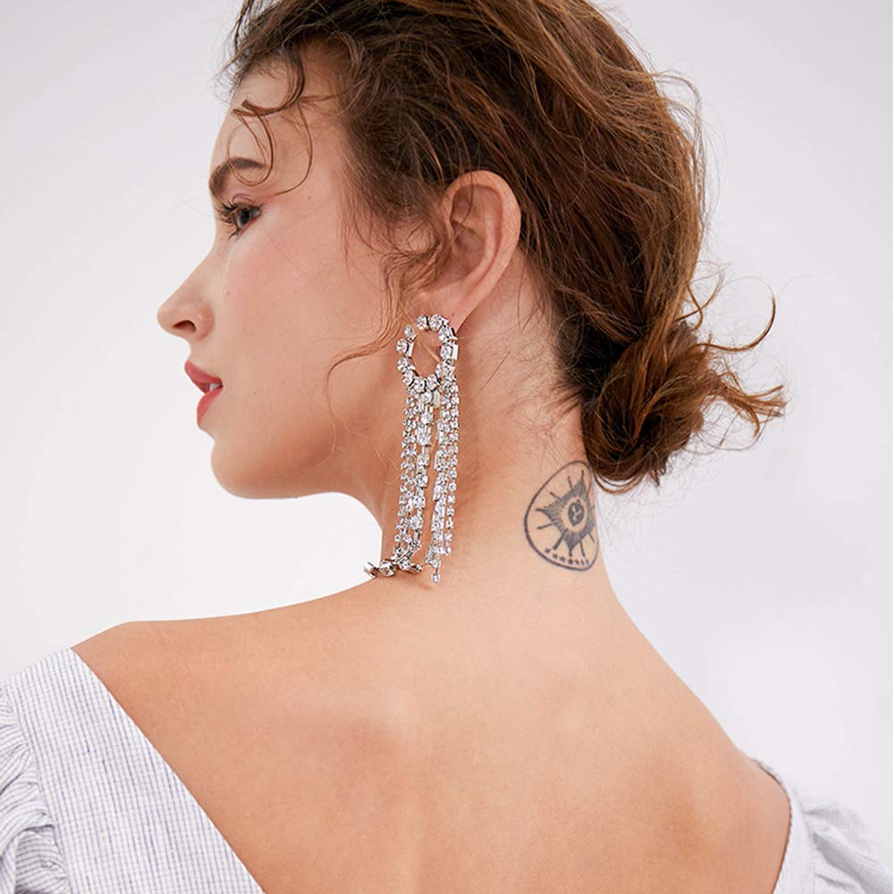 fxmimior Fashion Women Earrings Silver Tassel Full Rhinestones Ring Long Chain Drop Dangle Earrings Jewelry for Women