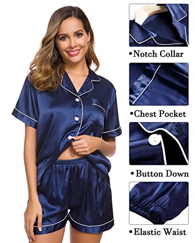 SWOMOG Women's 3 Pcs Pajamas Sets Silk Satin Sleepwear Button Down Loungewear Short Sleeve Shirt Pjs Navy Blue