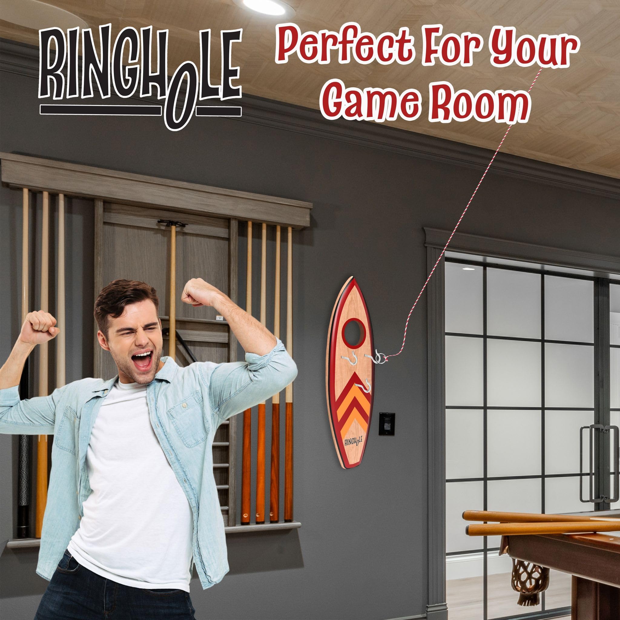Hook Game, Ring Toss Game for Adults & Kids (Ringhole Large Size 23.5β x 6.25β), Hook and Ring Game, Ring Hook Game, Ring Toss, Bar Games for Adults, 3 Hooks, Wall Mount