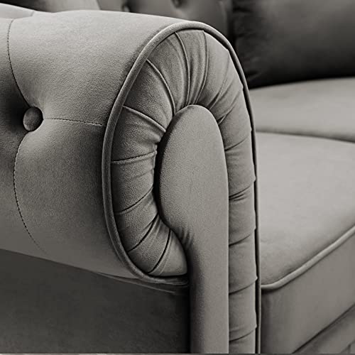 SIYAHOME Sofas & Couches 80 x 80 x 28β Deep Button Tufted Velvet Upholstered Rolled Arm Classic Chesterfield L Shaped Sectional Sofa 3 Pillows Included, Grey, 808028