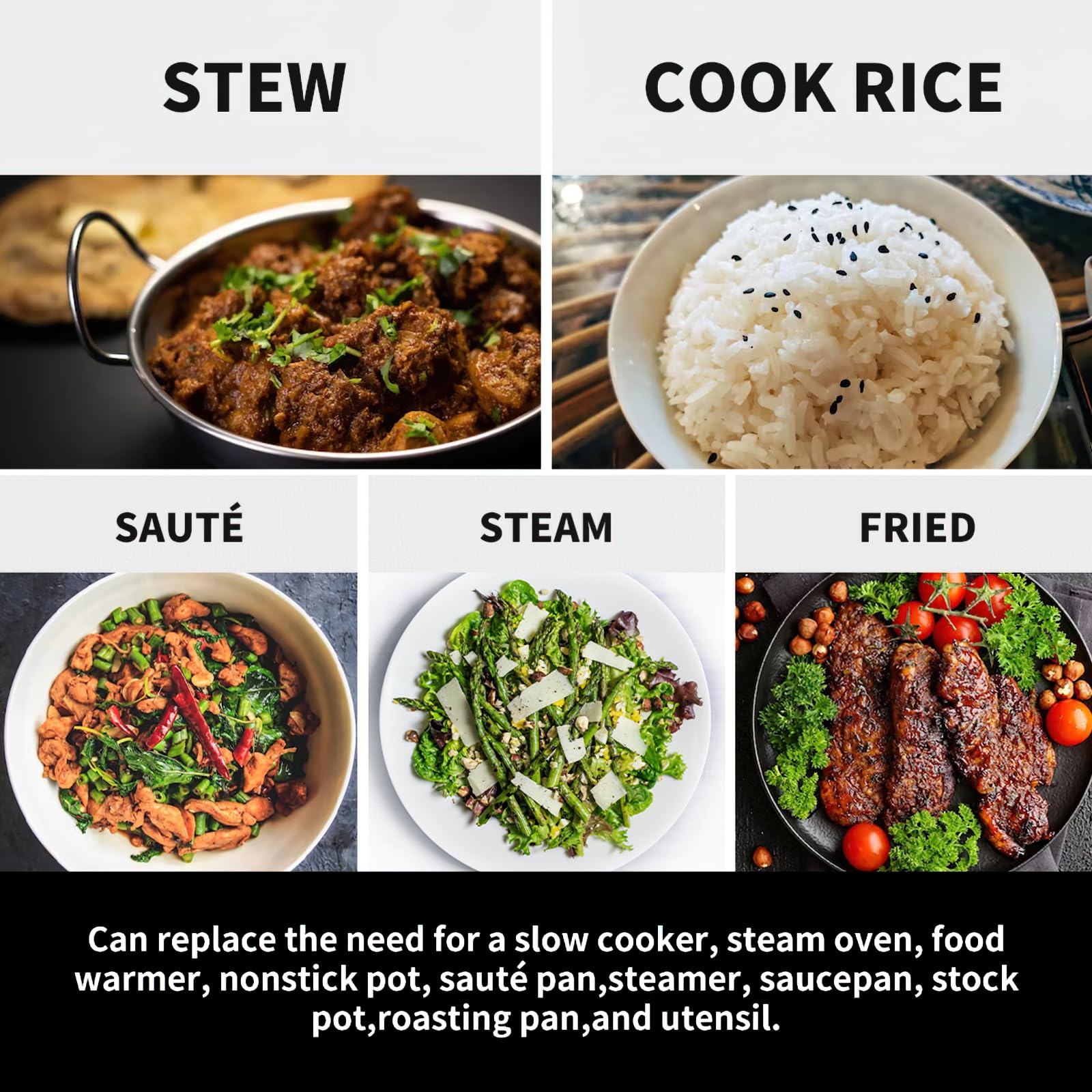 Eamoment 5.5QT Programmable Slow Cooker With Timer,Non Stick Aluminum Alloy Liner.SLOW COOK HIGH/SLOW COOK LOW/WHITE RICE/STEAM/SAUTE/WARM/DELAY,and Other Practical Functions