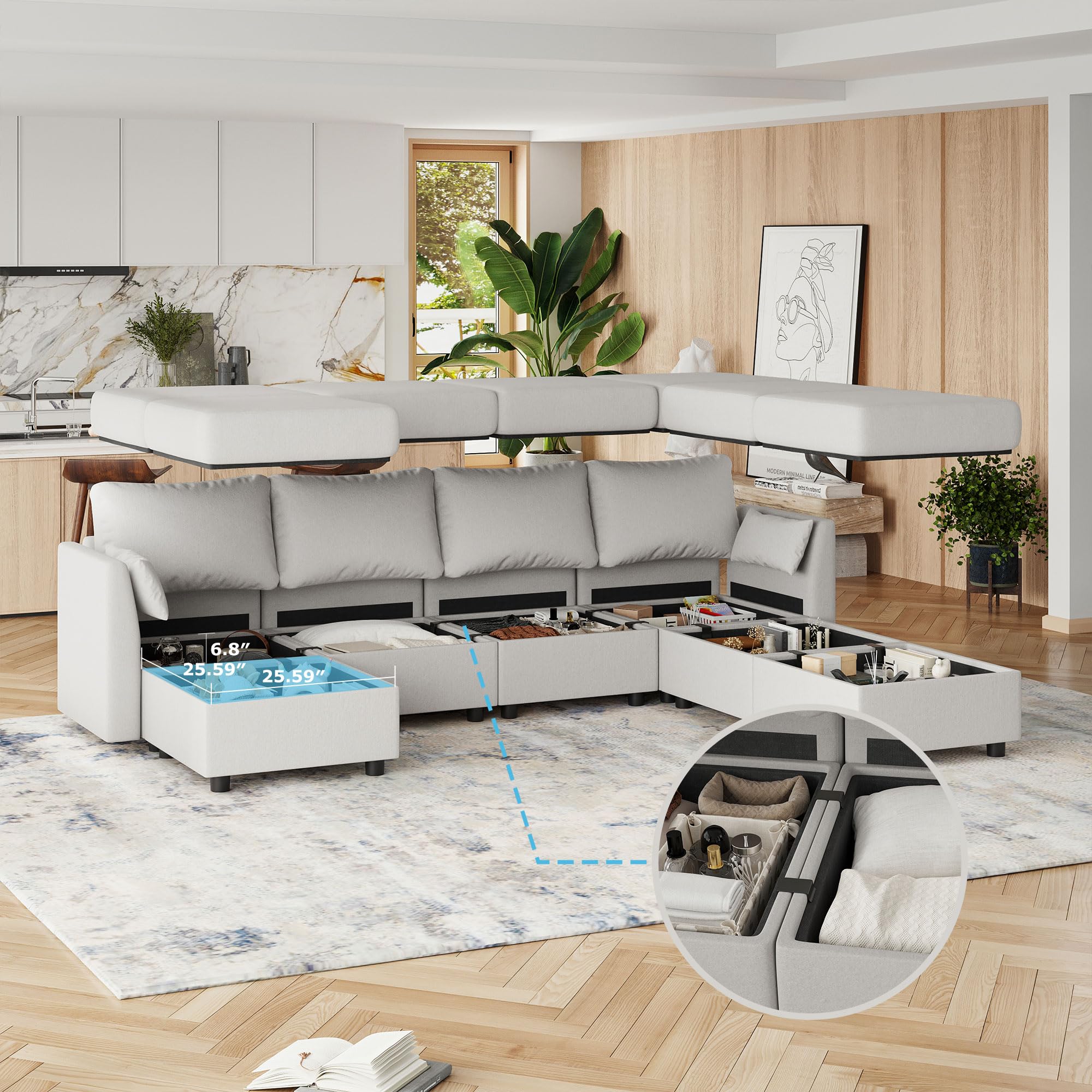 Mangodan Modular Sectional Sofa with Storage, Convertible 7 Seat Sectional Couches for Living Room, U Shaped Sectional Sofa with Chaise, Comfy Sectional Sleeper Sofa, High Supportive Sponge-Beige