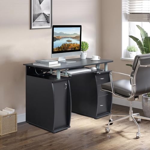 DESIGNSCAPE3D Modern Black Computer Desk with Keyboard Tray, 3 Drawers, and Charging Station - Home Office Desk for Efficiency and Style