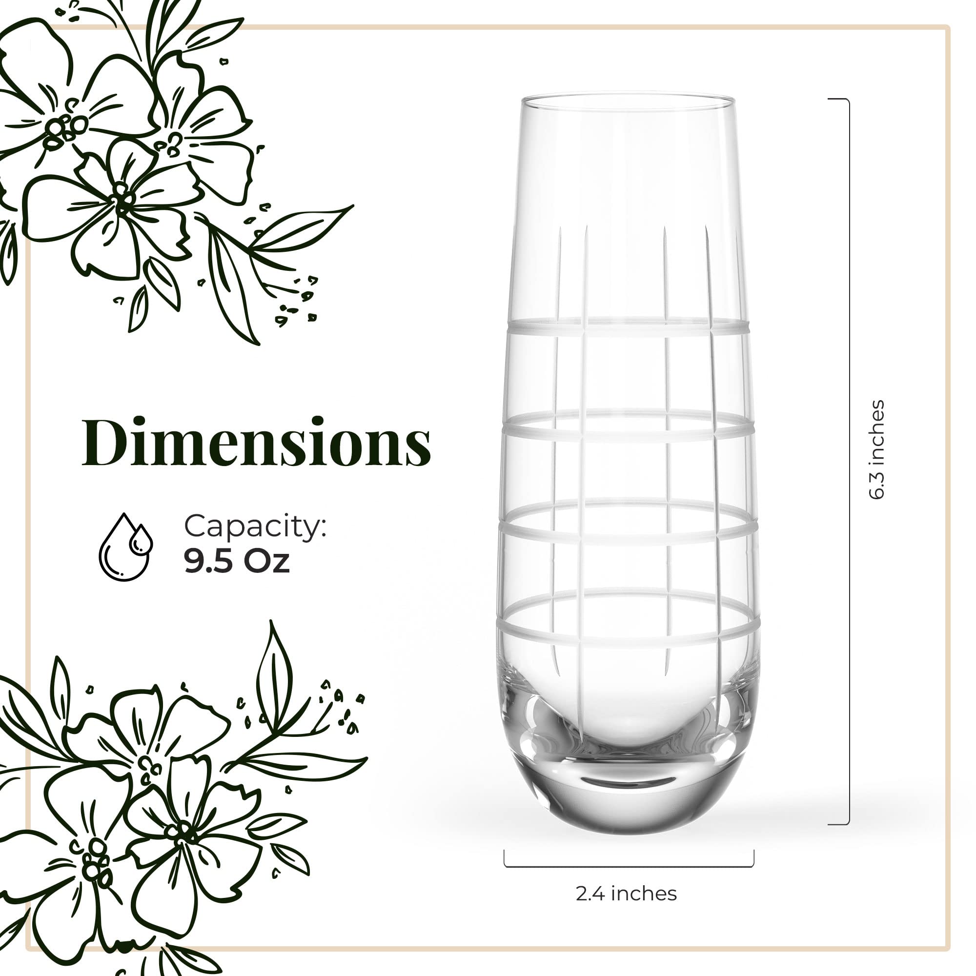 Fifth Avenue Crystal Medallion Stemless Champagne Flutes, Durable Glass, Mimosa, Cocktail Glasses Set, Prosecco Wine Flute, Bar Glassware, Toasting Wedding Glasses, Set of 6, Etched Patterns, 9.5oz