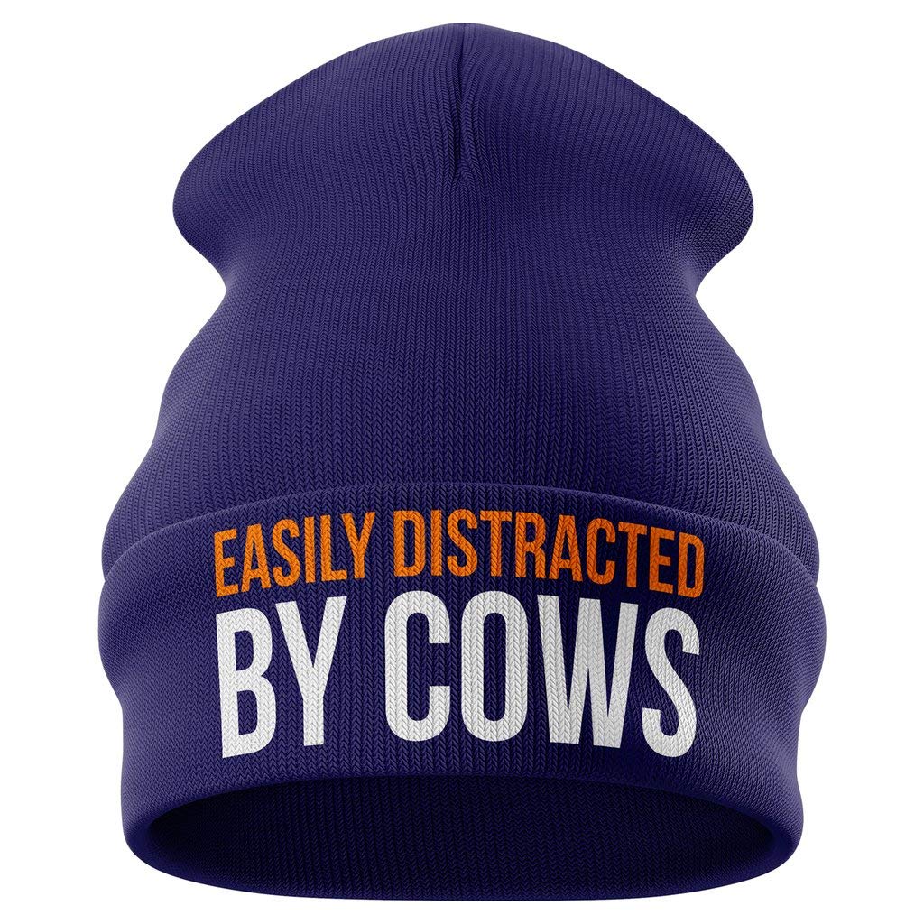 Farming Gifts - Easily Distracted by Cows Funny Beanie Hat - Tractor Gifts Farmers Gifts Black