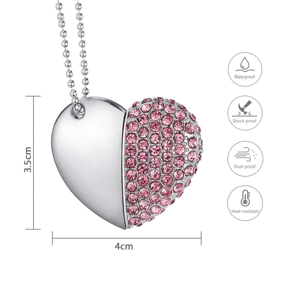 EcooDisk 128GB USB 3.0 Flash Drive Diamond Heart Shape Zip Drive Jewelry Necklace Memory Stick Thumb Drive Cute Pen Drive Fun USB Stick Data Storage