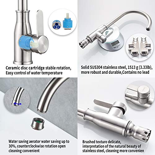 Kohonby Single Handle Kitchen Faucet Stainless Steel Brushed Nickel,Modern High Arc Kitchen Sink Faucet, Commercial Bar Sink Faucet One Hole with Deck