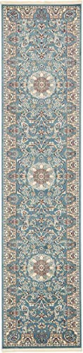 Unique Loom Narenj Collection Classic Traditional Medallion Design Area Rug, 3 ft x 13 ft, Blue/Tan