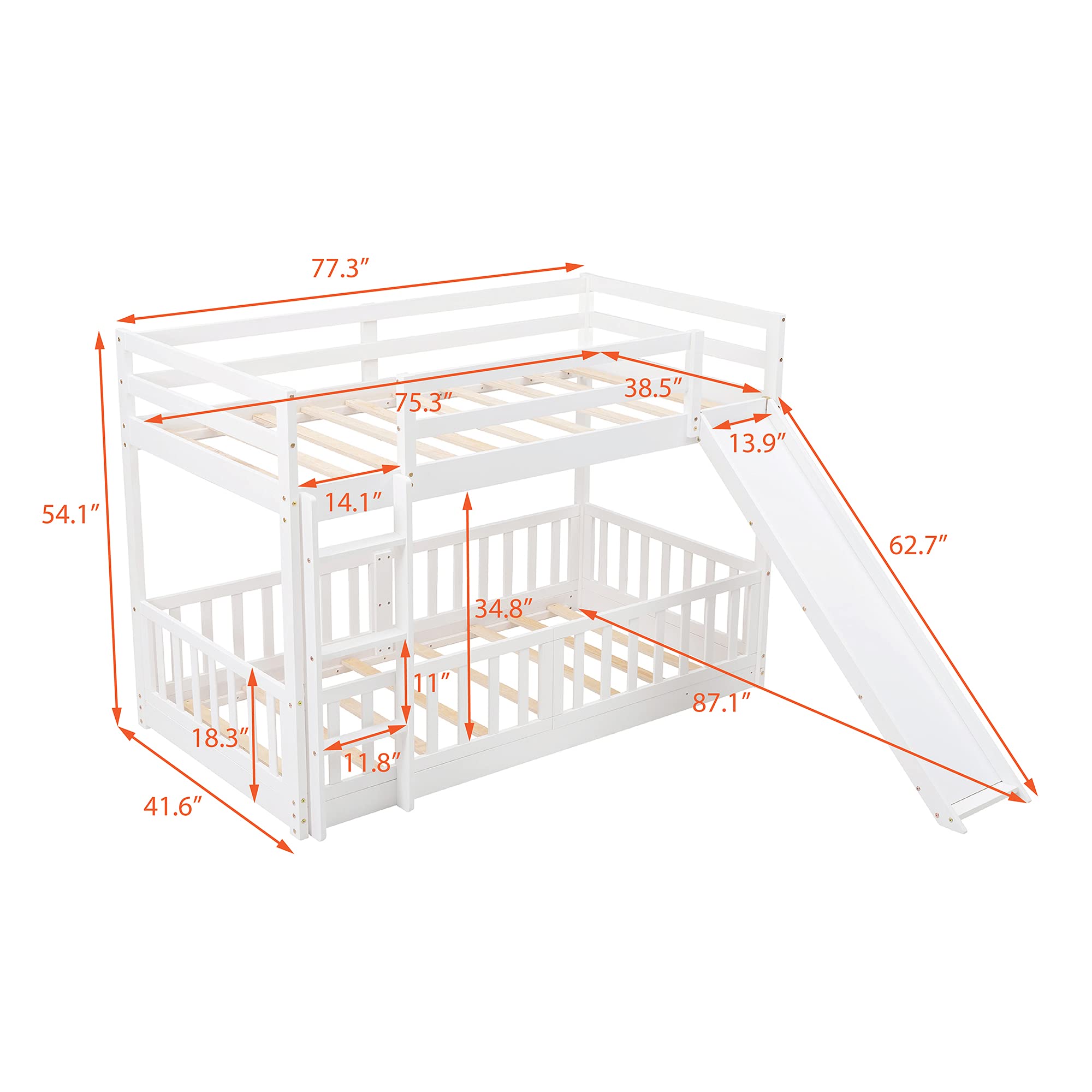 Twin Over Twin Bunk Bed with Slide, Floor Bunk Bed for Kids Toddlers, Wood Low Frame with Ladder and Fence for Boys Girls Teens, White