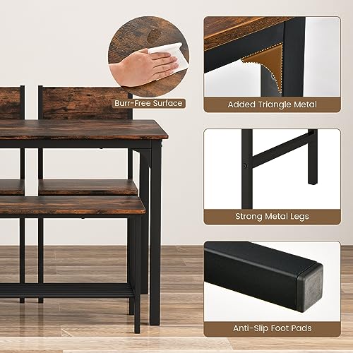 Tangkula 4-Piece Dining Table Set, Kitchen Table with Bench and Chairs, Metal Frame, Space-Saving Furniture, Modern 4-Person Dinette for Kitchen, Dining Room