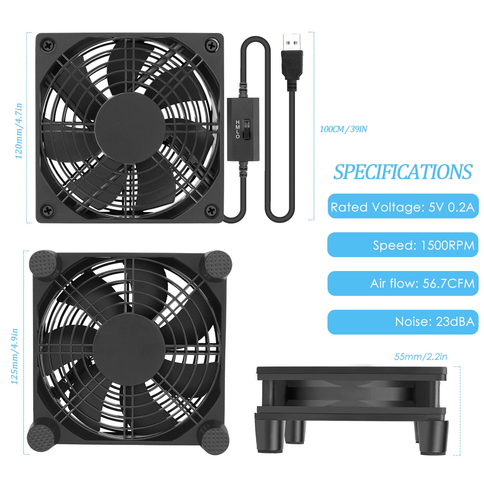 Marame 120mm 5v USB Powered Fan with Speed Controller Cooling for Router Modem Receiver DVR Xbox TV Box (120mm x 120mm x 55mm)