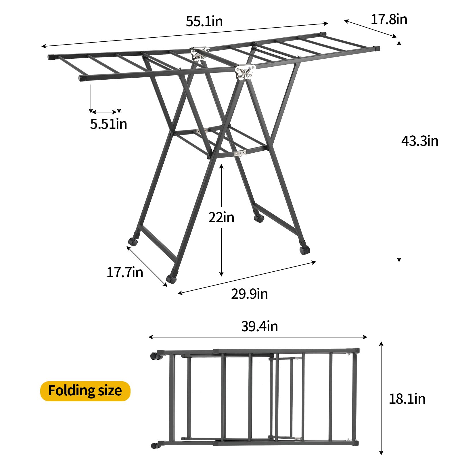 Mean Yeah Folding Clothes Drying Rack 2-Tier, Large Laundry Drying Rack with Height-Adjustable Wings, Indoor Outdoor Collapsible Foldable Clothes Drying Rack, with 4 Castors,Easy to Fold - Grey