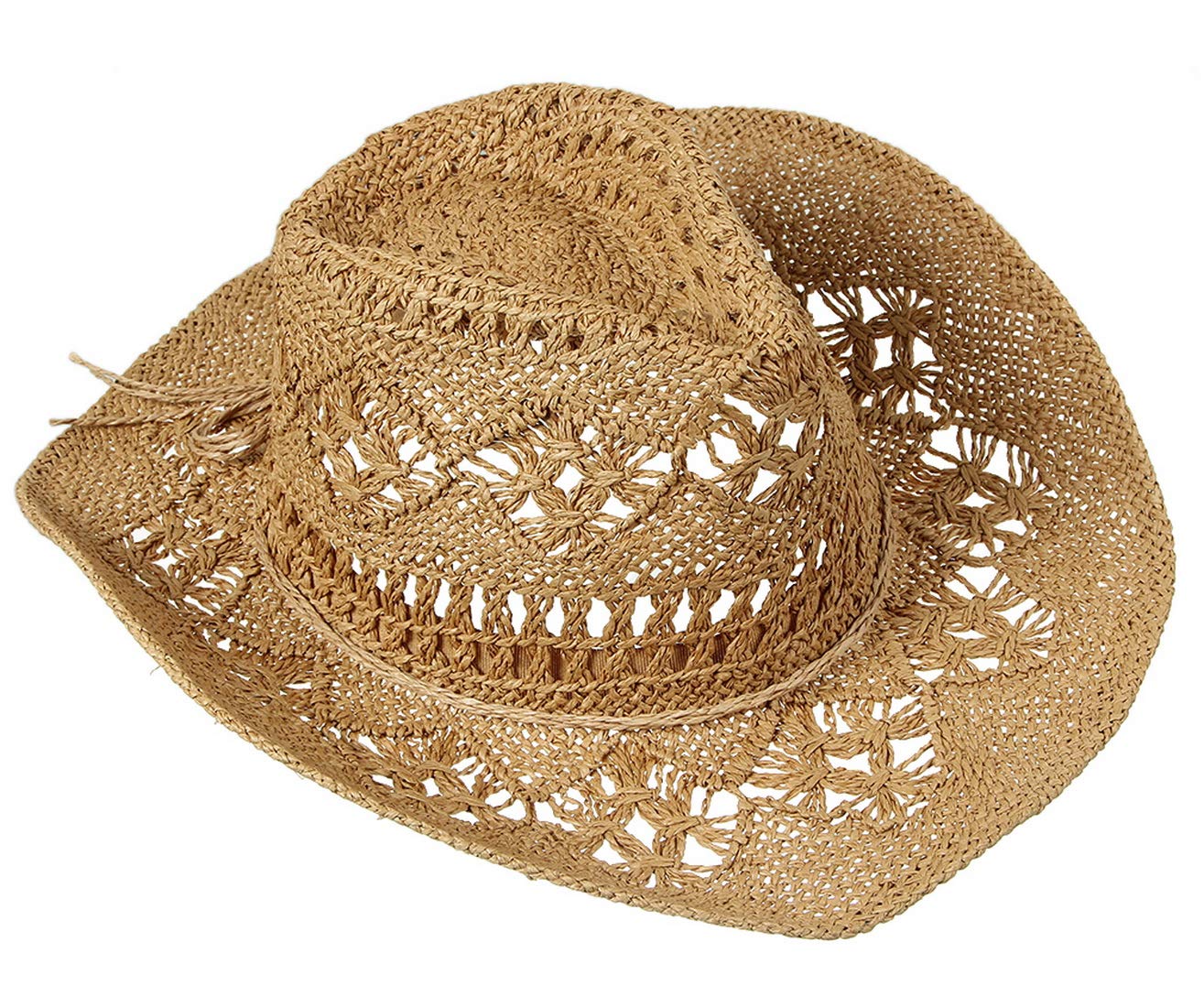 EOZY Men & Women's Summer Cowboy Cowgirl Straw Hat Hollow Out Woven Roll Up Wide Brim Hat/Camel