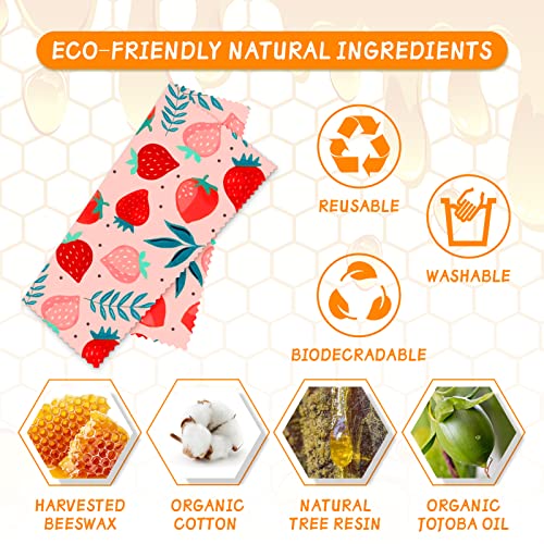 PICcircuit Beeswax Wrap - 3 Pack Eco-Friendly Beeswax Wraps For Food, Organic, Sustainable, Biodegradable, Zero Waste, Reusable Beeswax Food Wrap, 1L Strawberry, 1M Orange, 1S Lemon Patterns