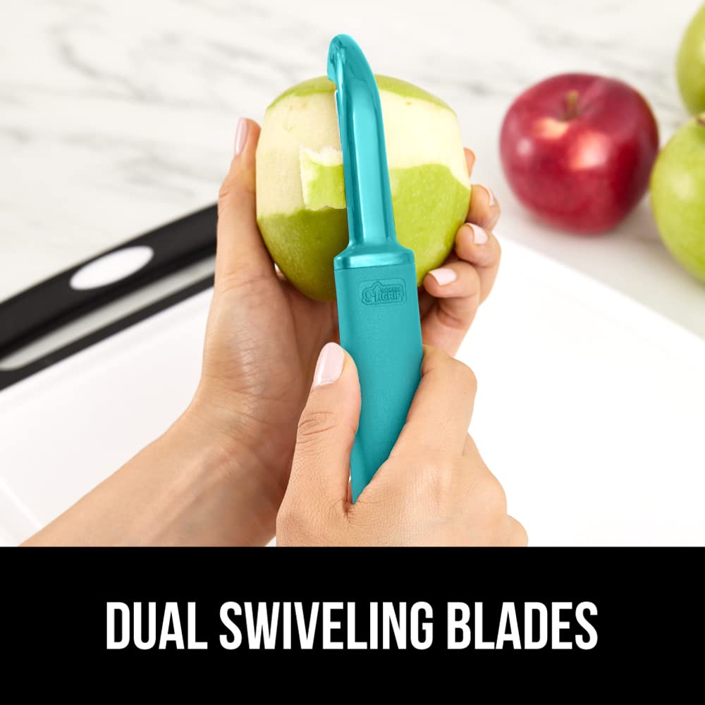 Gorilla Grip Hand Held Can Opener and Vegetable Peeler, Large Lid Openers Rust Proof, Kitchen Food Peelers Safe Blade Guard, Both in Turquoise, 2 Item Bundle